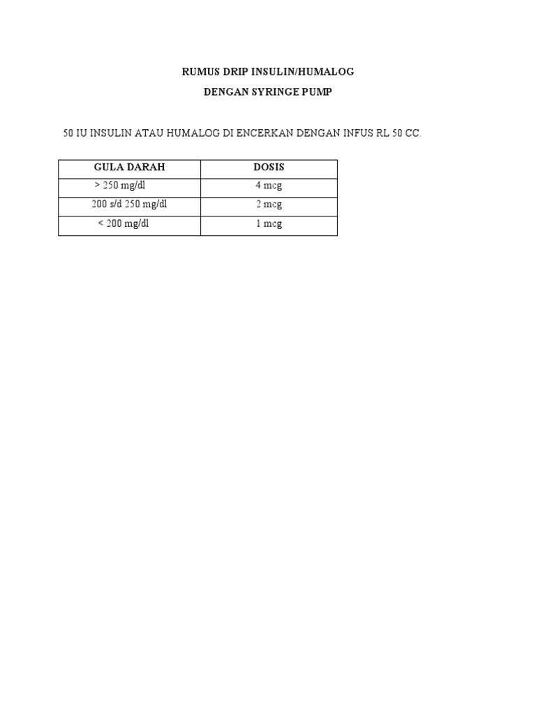 Rumus Dosis Drip Insulin dengan Syringe Pump | PDF