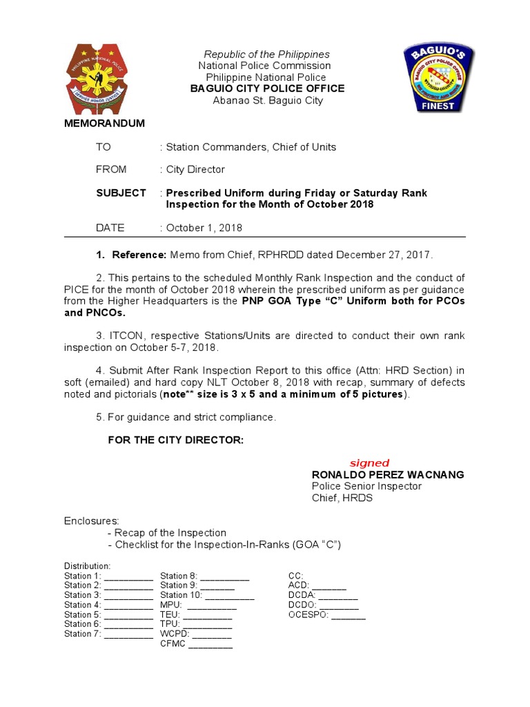 Memo Re Rank Inspection and PICE For The Month of October 2018 | PDF ...