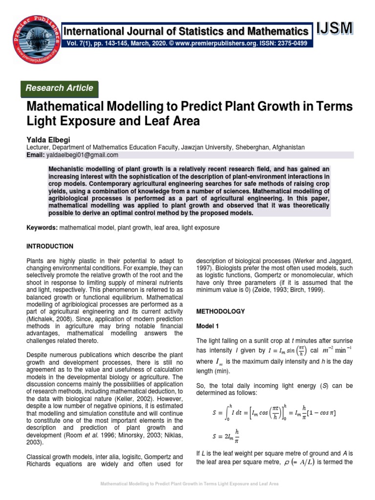 Mathematical Modelling To Predict Plant Growth in Terms Light Exposure ...
