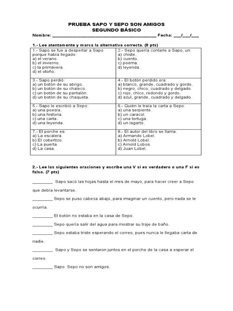 Prueba Sapo y Sepo Son Amigos | PDF