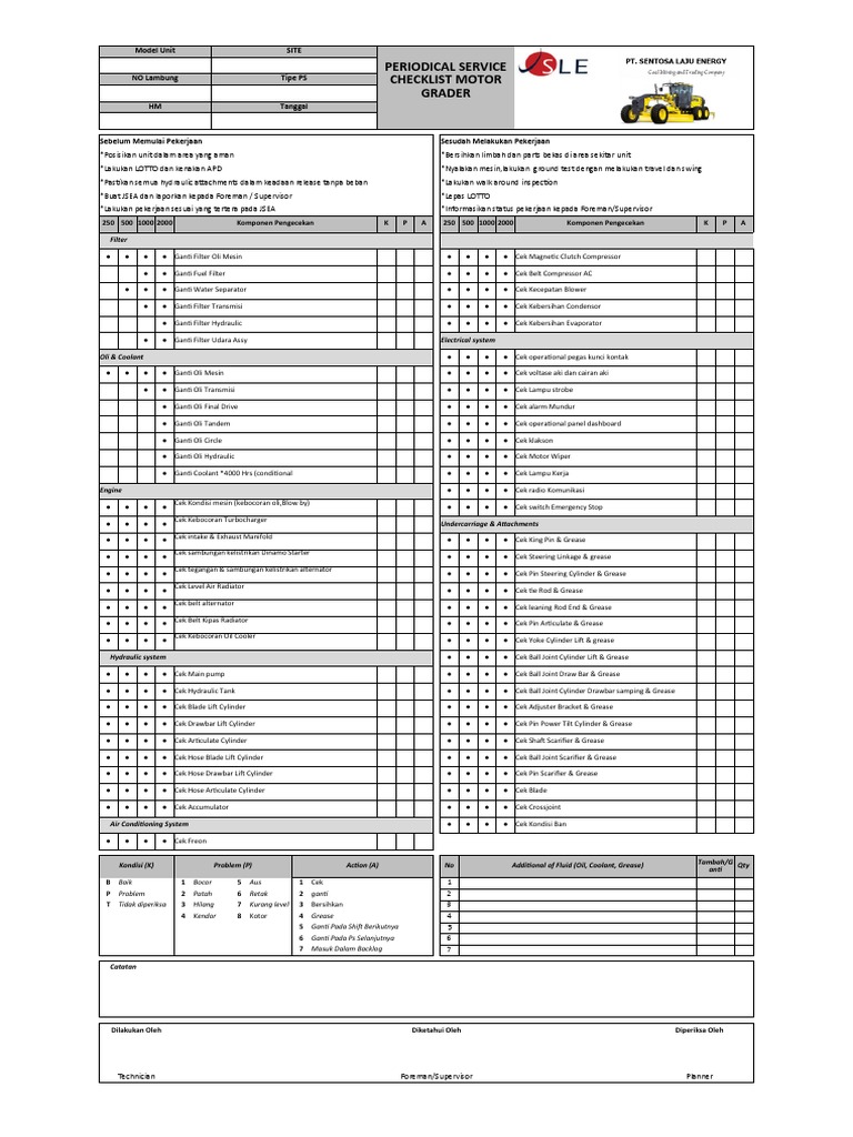 PS Checklist Motor Grader | PDF | Propulsion | Engines