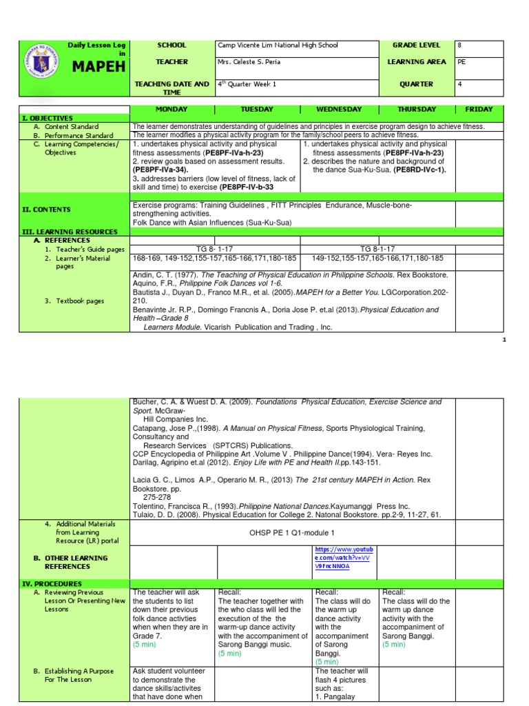 Daily PE lesson log for Camp Vicente Lim National High School | PDF ...