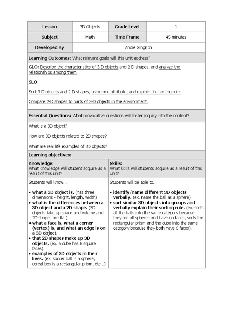 3d Object Lesson - Andie | PDF | Shape | Sphere