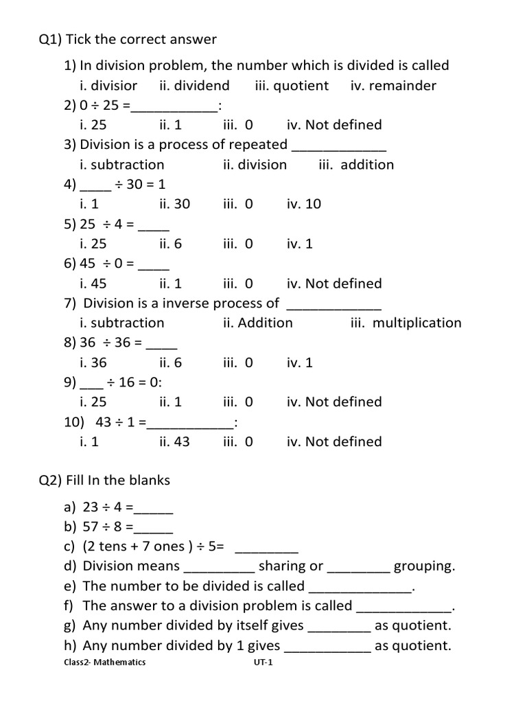 Maths Class 2 Division | PDF | Division (Mathematics) | Numbers