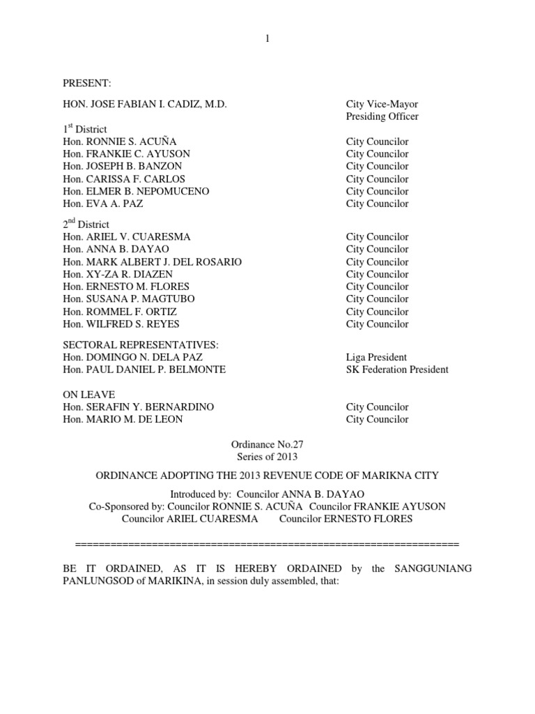 Marikina Revenue Code - Original | PDF | Franchising | Taxes
