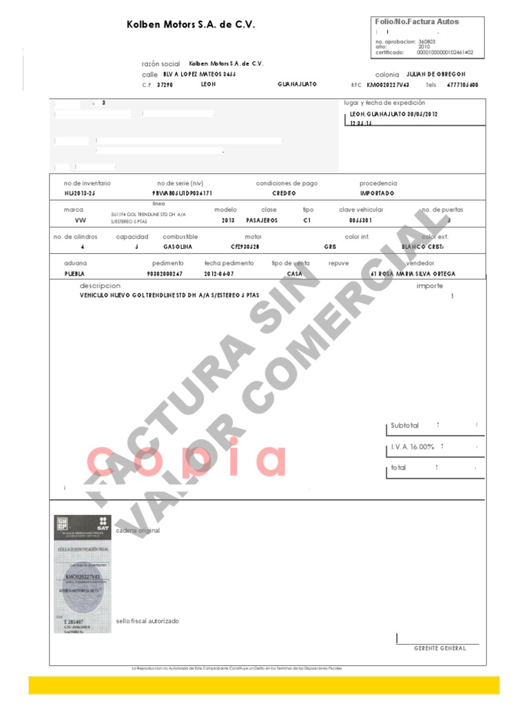 Factura Volkswagen | PDF | Vehículos terrestres | Tecnologías automotrices