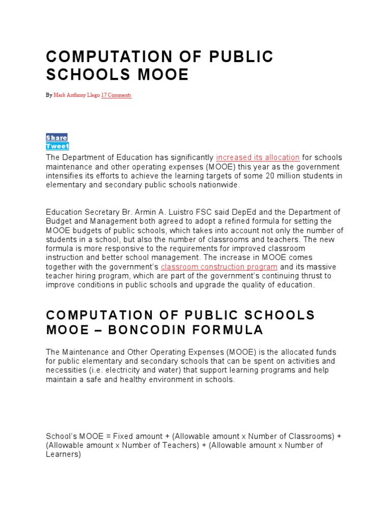 Calculation of Public Schools MOOE Using Boncodin Formula | PDF ...