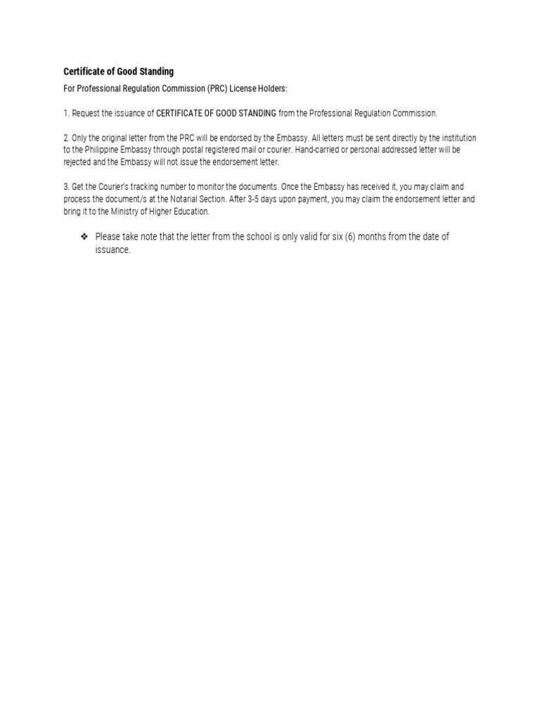 Certificate of Good Standing Process PRC | PDF