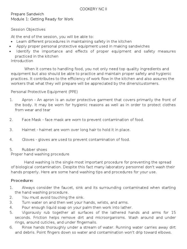 COOKERY NC II Prepare Sandwich Module 1 | PDF | Hamburgers | Sandwich
