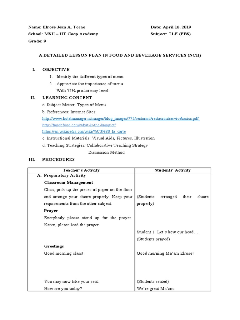 FBS LP | PDF | Menu | Lesson Plan