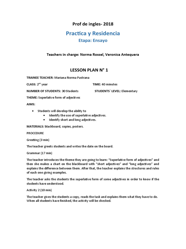 Lesson Plan Superlative Adjectives 2 | PDF