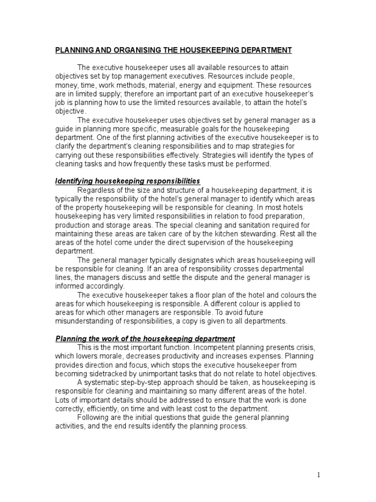 1.planning and Organising The Housekeeping Department | PDF ...