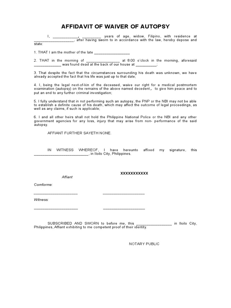 Affidavit of Waiver of Autopsy | PDF