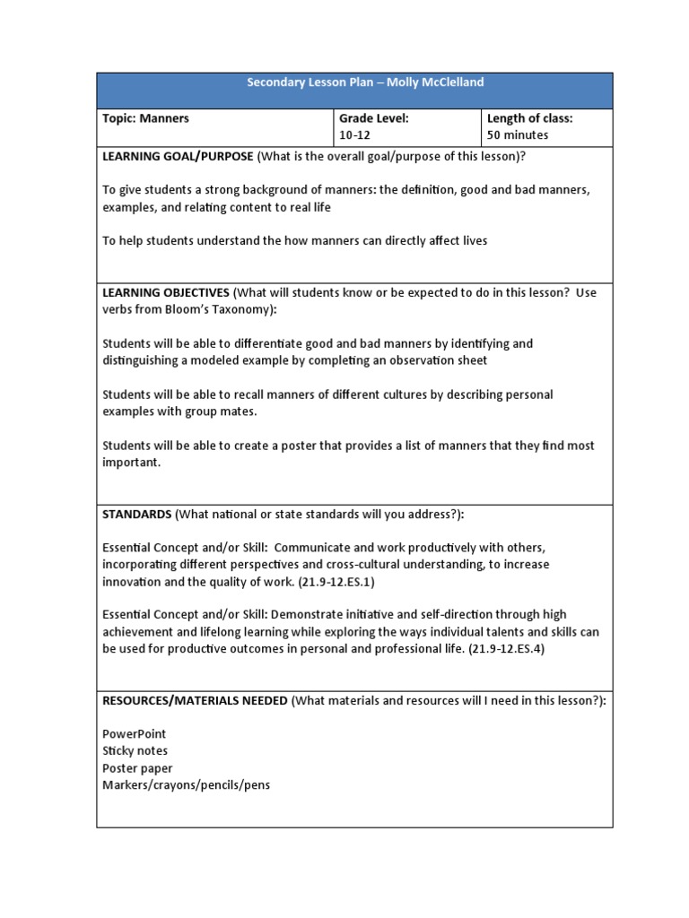 Manners Lesson Plan | PDF | Learning Styles | Microsoft Power Point
