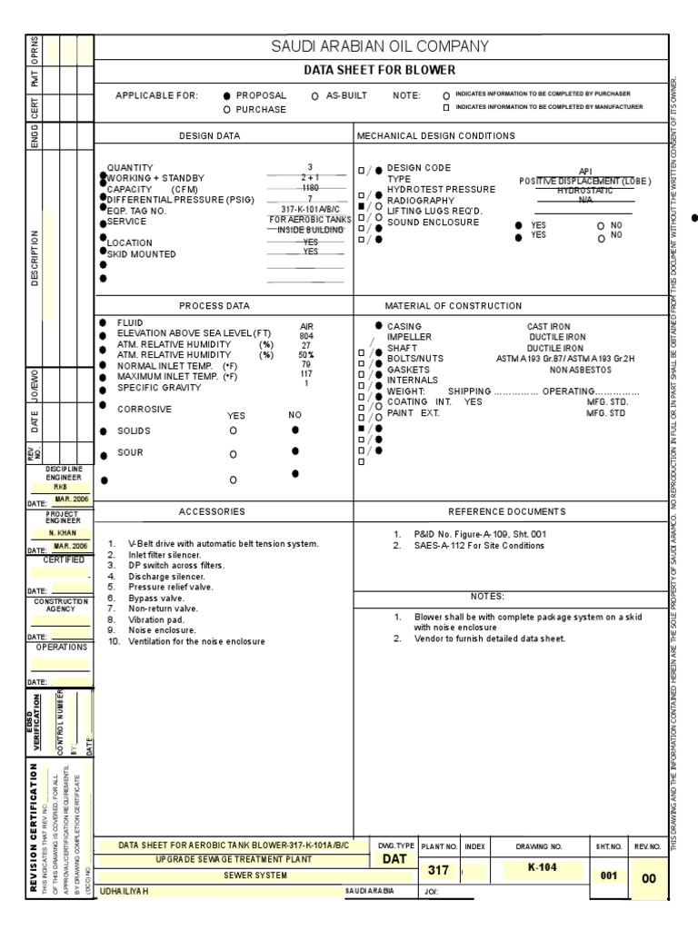 Blower Data Sheet-Aeration Tank | PDF | Gas Technologies | Gases