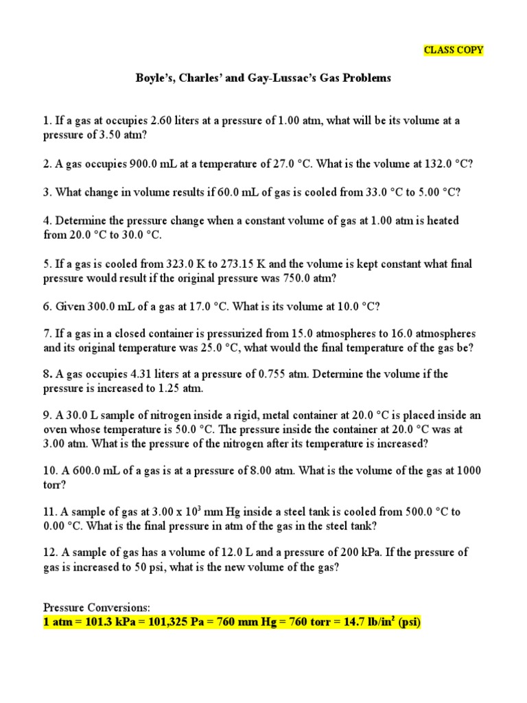 Gas Law Problems for Students | PDF | Gases | Pressure