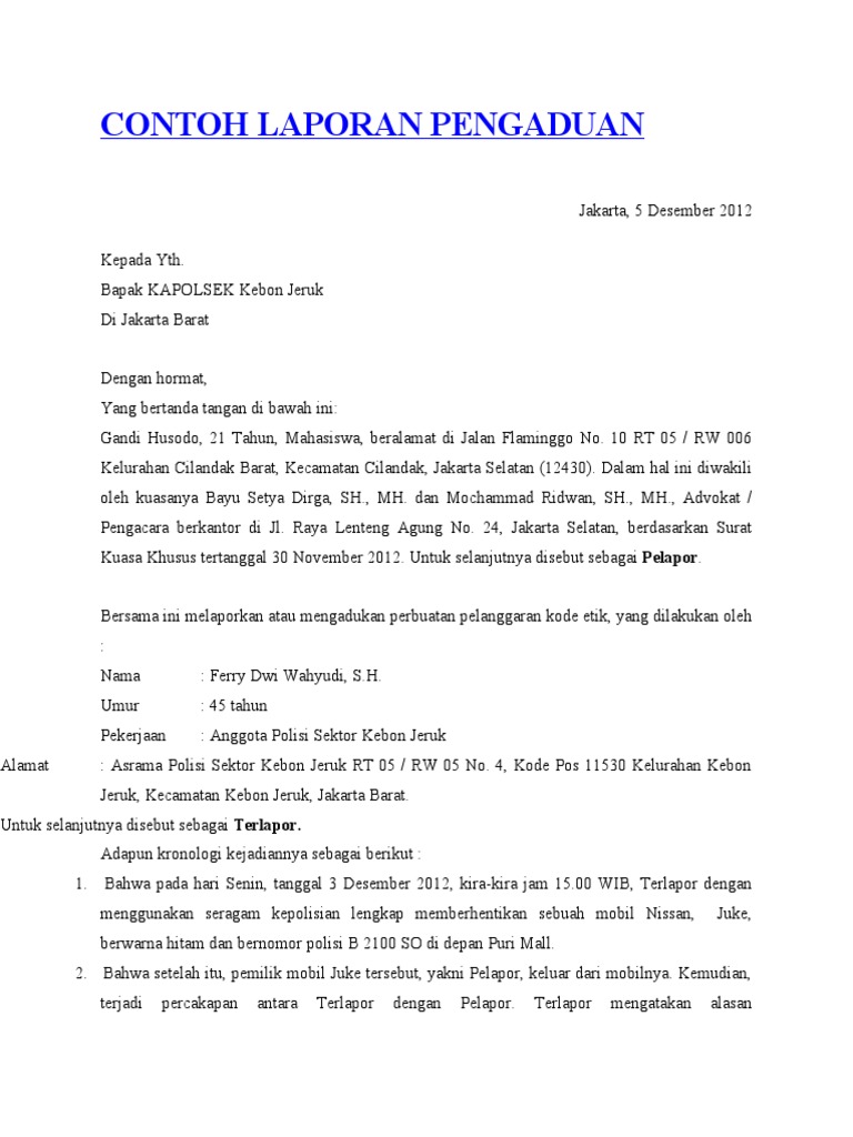 CONTOH LAPORAN PENGADUAN Pelanggaran Kode Etik Polisi | PDF