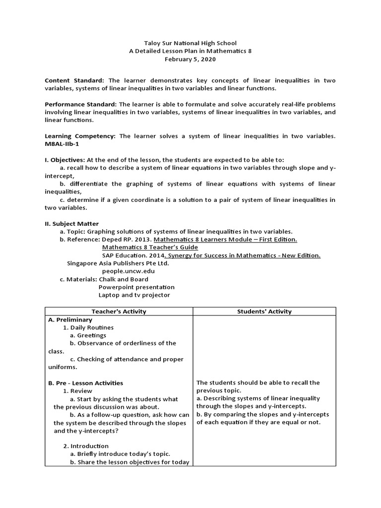 A Detailed Lesson Plan in Graphing Systems of Linear Inequalities | PDF ...