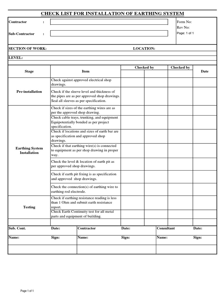 Inspection Checklist For Installation of Earthing System123 | PDF ...