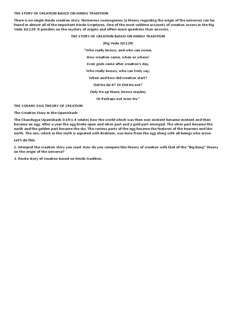 The Story of Creation Based On Hindu Tradition | PDF