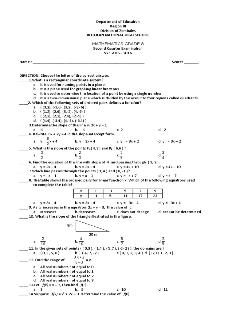 Math 8 2nd Periodical Test | PDF | Equations | Cartesian Coordinate System
