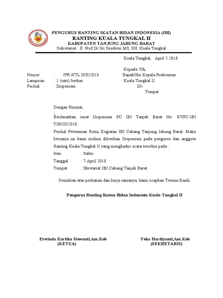 Surat Dispensasi KTL II 2018 | PDF