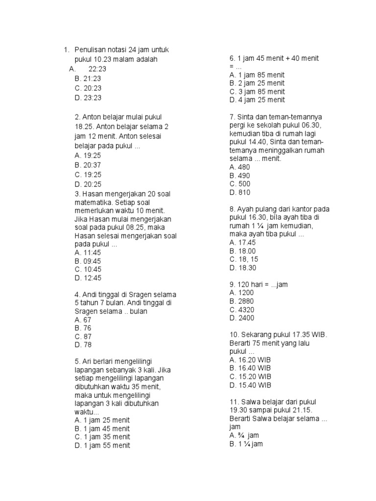 Soal Sd Kelas 3 Satuan Jam Pdf