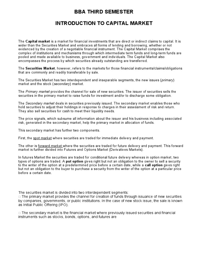 CAPITAL-MARKET-BBA-3RD-SEM - Final | PDF | Securities (Finance) | Stock Market