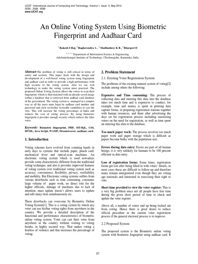 An Online Voting System Using Biometric Fingerprint and Aadhaar Card PDF | PDF | Fingerprint ...