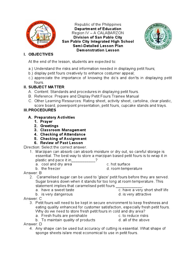 Petit Fours Lesson Plan | PDF | Meal | Lesson Plan