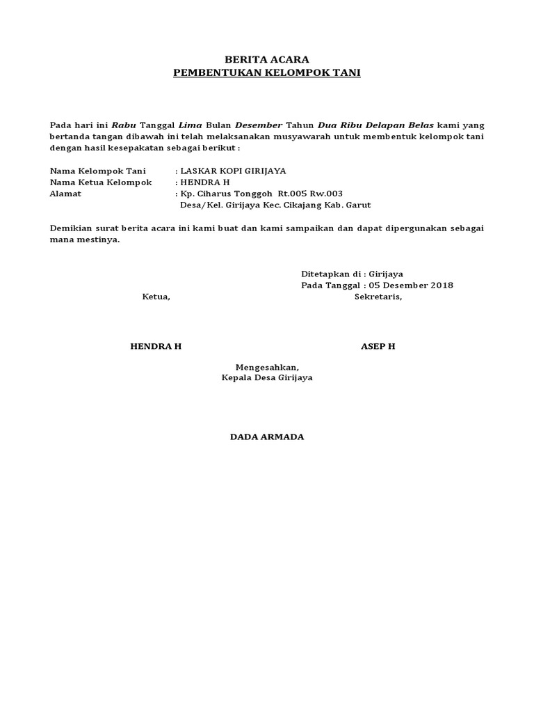 Berita Acara Pembentukan Kelompok Tani | PDF