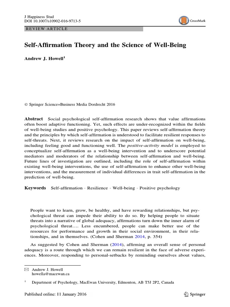 Self-Affirmation Theory and The Science of Well-Being PDF | PDF | Well ...