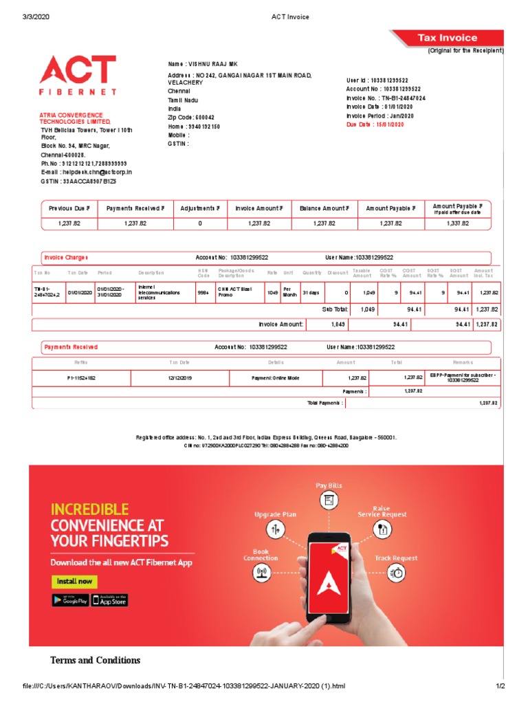 ACT Invoice 01-01-2020 | PDF | Invoice | Cheque