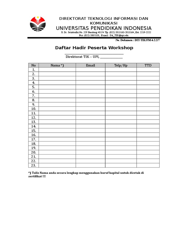 Daftar Hadir Peserta Workshop | PDF
