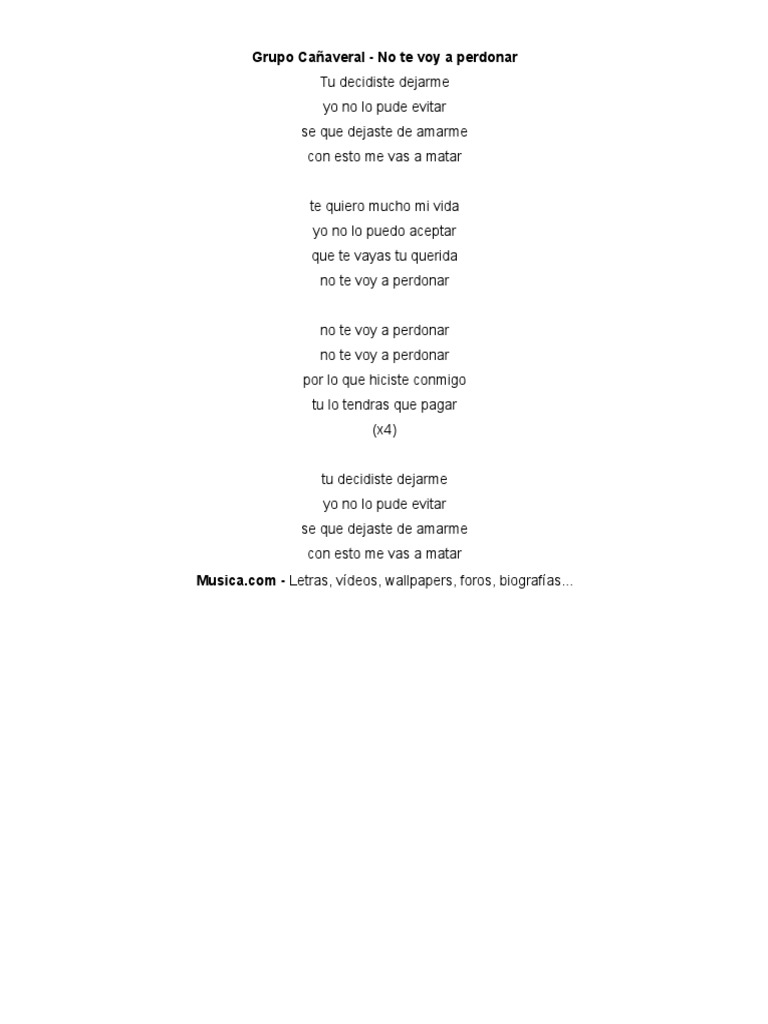 Letra de No Te Voy A Perdonar de Grupo Cañaveral - MUSICA PDF | PDF Letra de No Te Voy A Perdonar de Grupo Cañaveral - MUSICA PDF | PDF