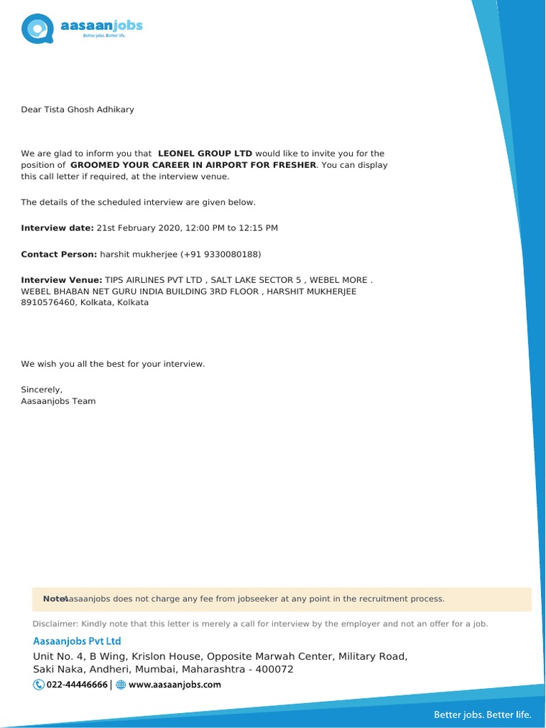 Tista Ghosh Adhikary Call Letter | PDF