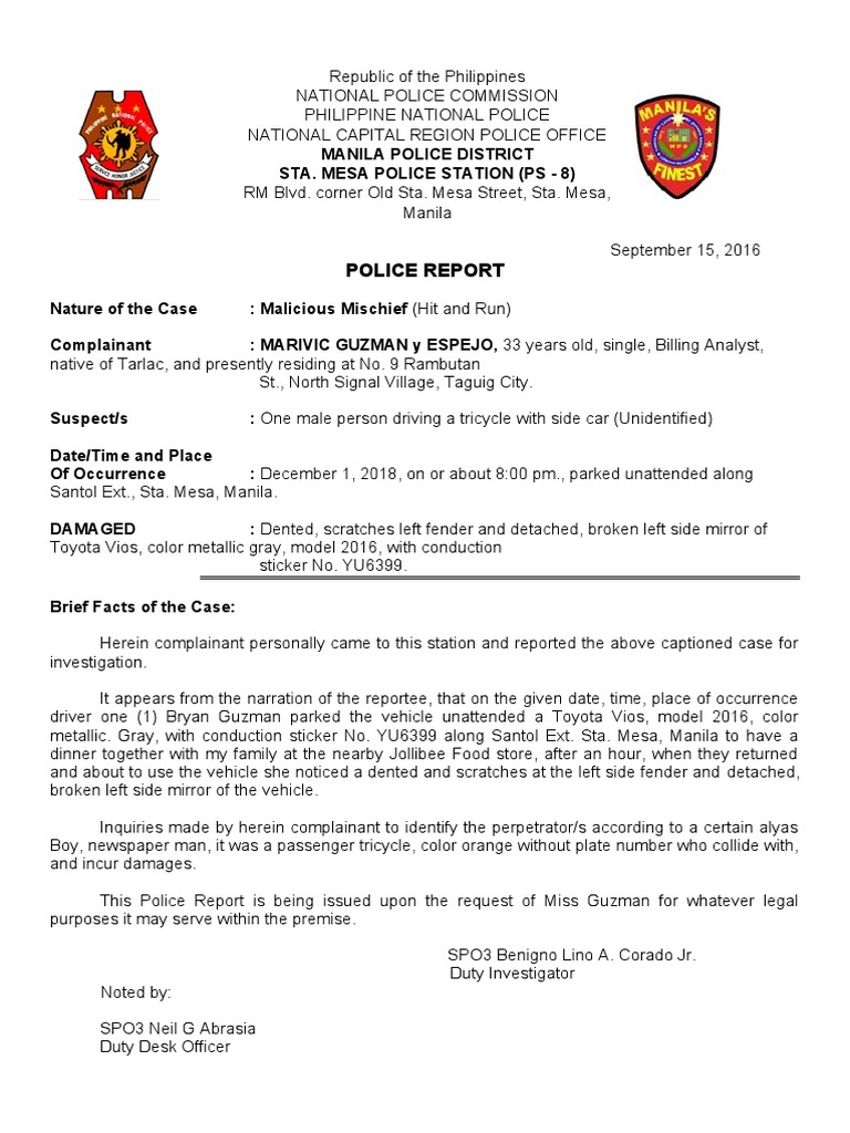 Sta. Mesa Police Malicious Mischief Report | PDF | Law Enforcement ...