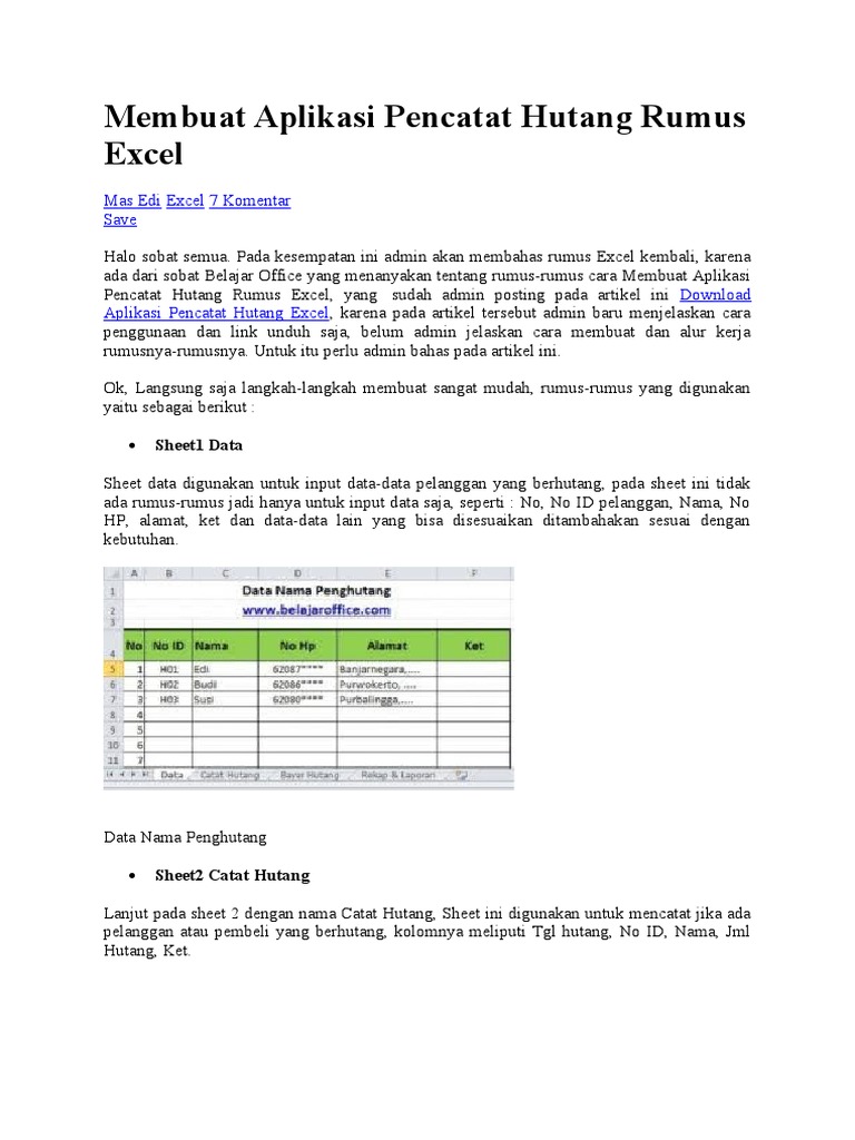 Membuat Aplikasi Pencatat Hutang Rumus Excel | PDF