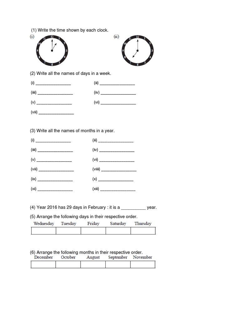 Maths Class 2 Time & Cal | PDF | Hour