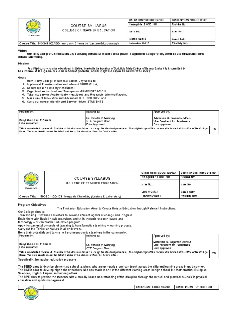 Syllabus in Inorganic Chemistry | PDF | Teachers | Curriculum