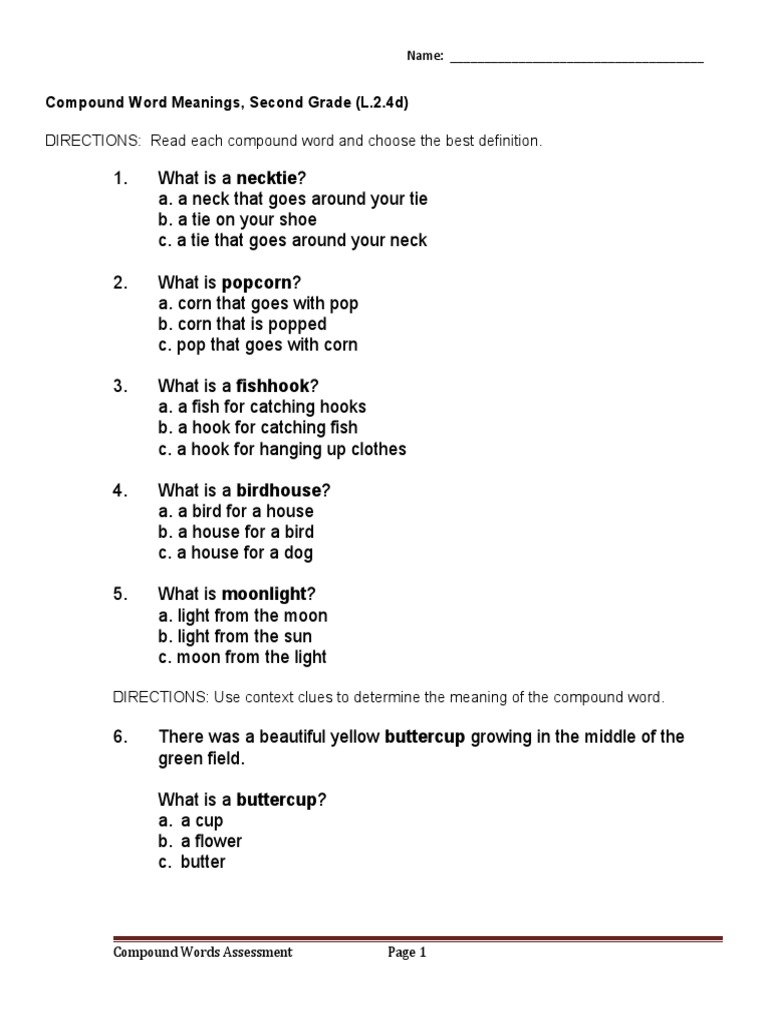 Compound Words Assessment for 2nd Grade | PDF