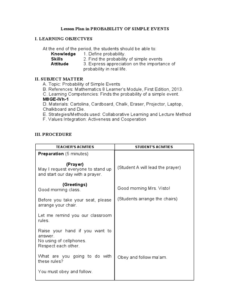 LESSON PLAN IN Probability of Simple Events | PDF | Probability ...