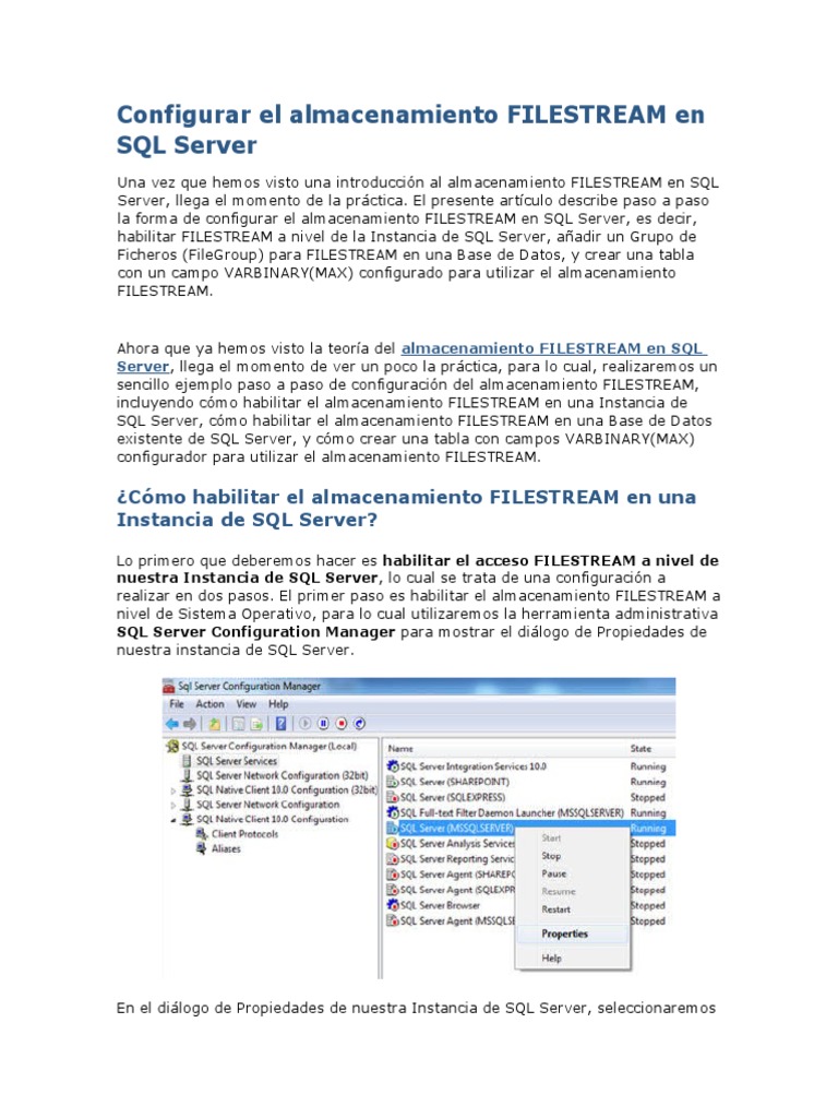 Configura FILESTREAM en SQL Server | PDF | Servidor SQL de Microsoft | SQL