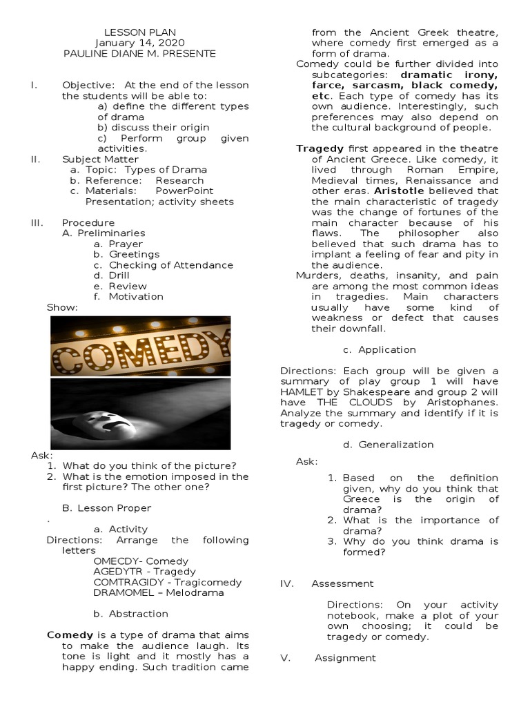 Types of Drama Lesson Plan | PDF | Tragedy | Comedy