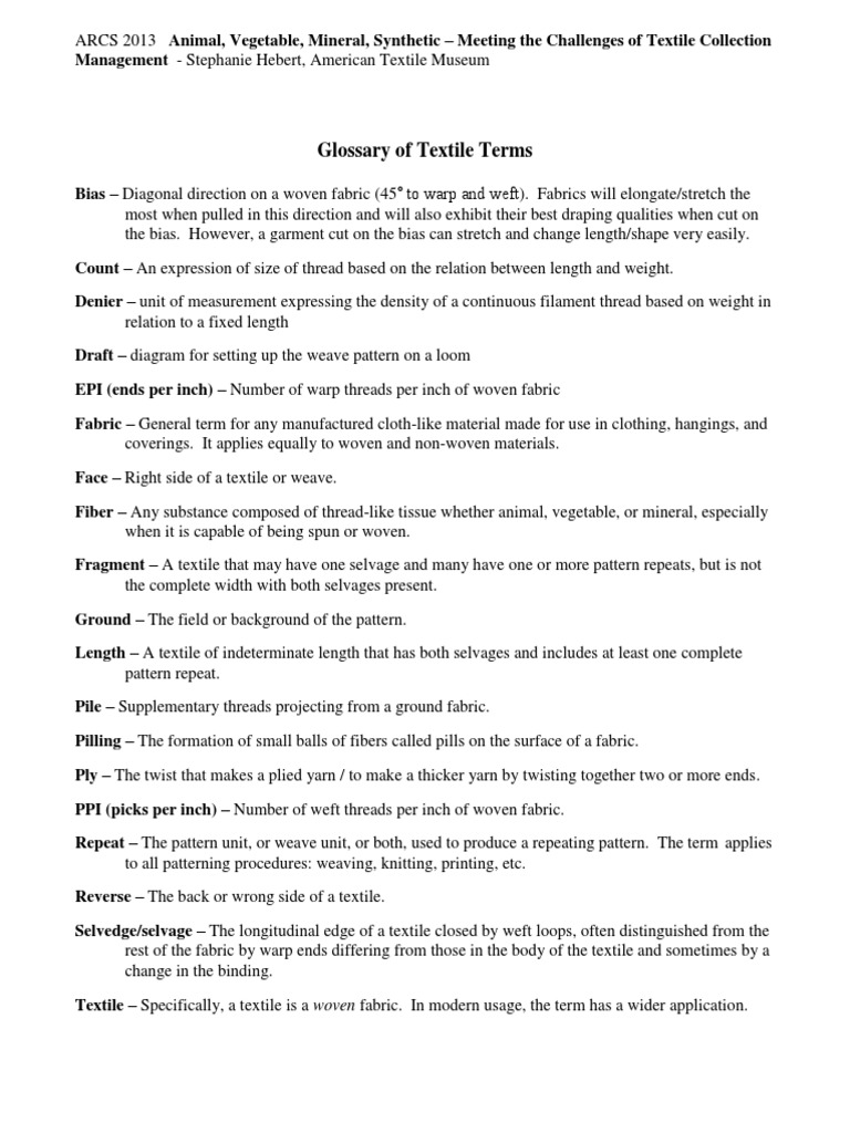 Glossary of Textile Terms | PDF | Yarn | Textiles