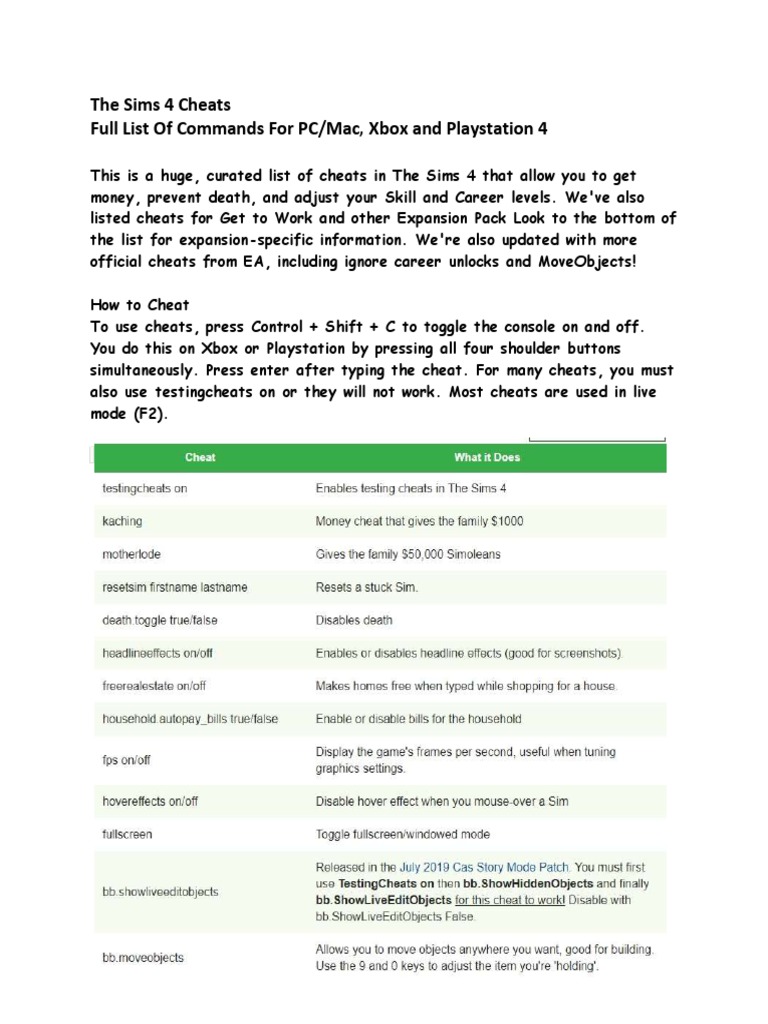 The Sims 4 Cheats | PDF | Multiple Births | Cheating In Video Games