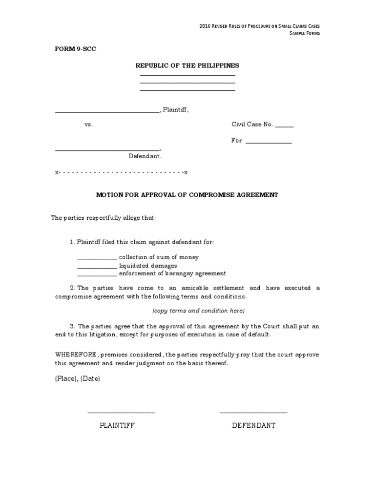 Motion For Approval of Compromise Agreement Form 9-SCC 2016 Revised ...