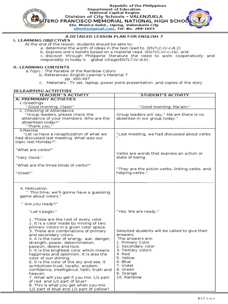 Detailed Lesson Plan | PDF | Yellow | Color