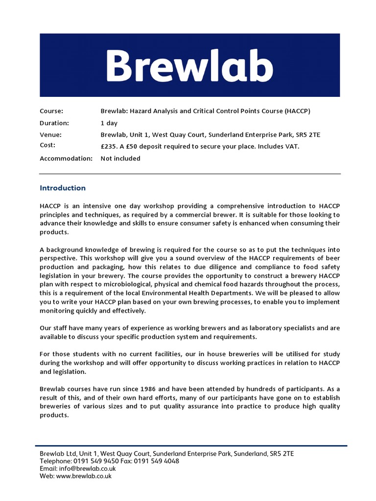 1 Day Haccp | PDF | Brewery | Hazard Analysis And Critical Control Points