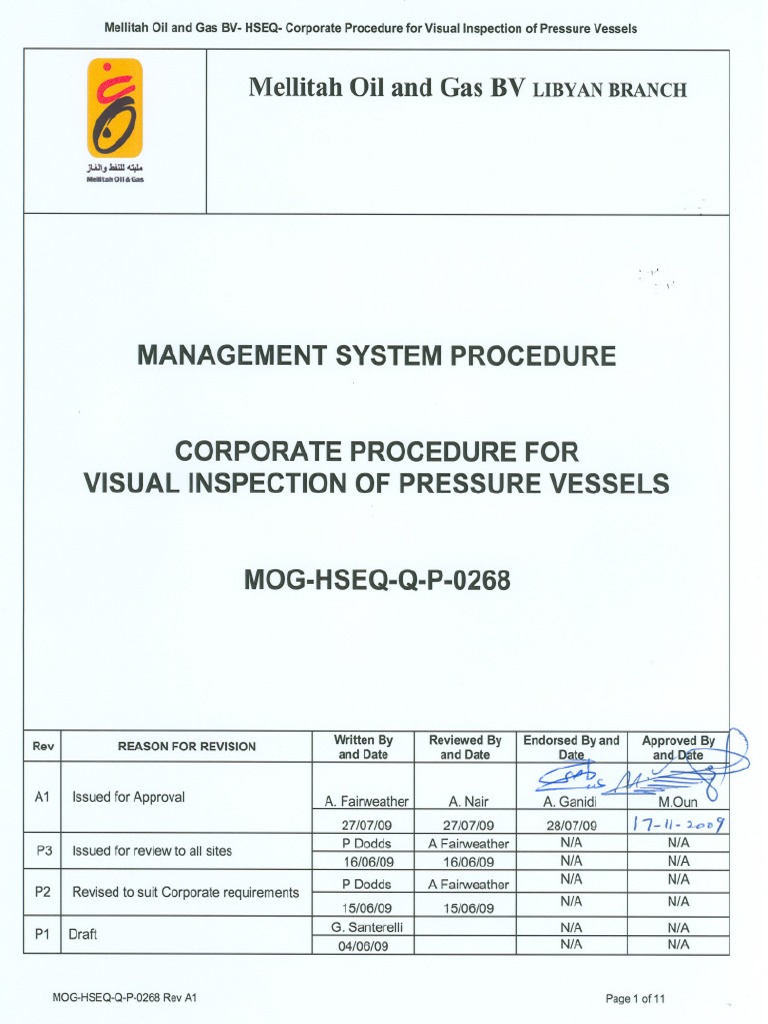 MG-HSEQ-Q-P-0268 Rev A1 Corporate Procedure For Visual Inspection | PDF | Corrosion | Ultrasound